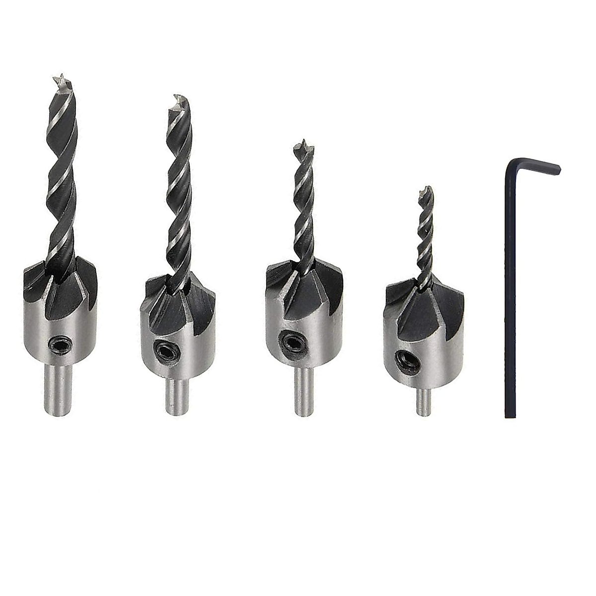 Utoolmart 4 in 1 Countersink Drill Bit Set, 3mm 4mm 5mm 6mm Quick Change Drill Bit with One Hex Key, Adjustable Carpentry Reamer Plated for Wood DIY, HSS