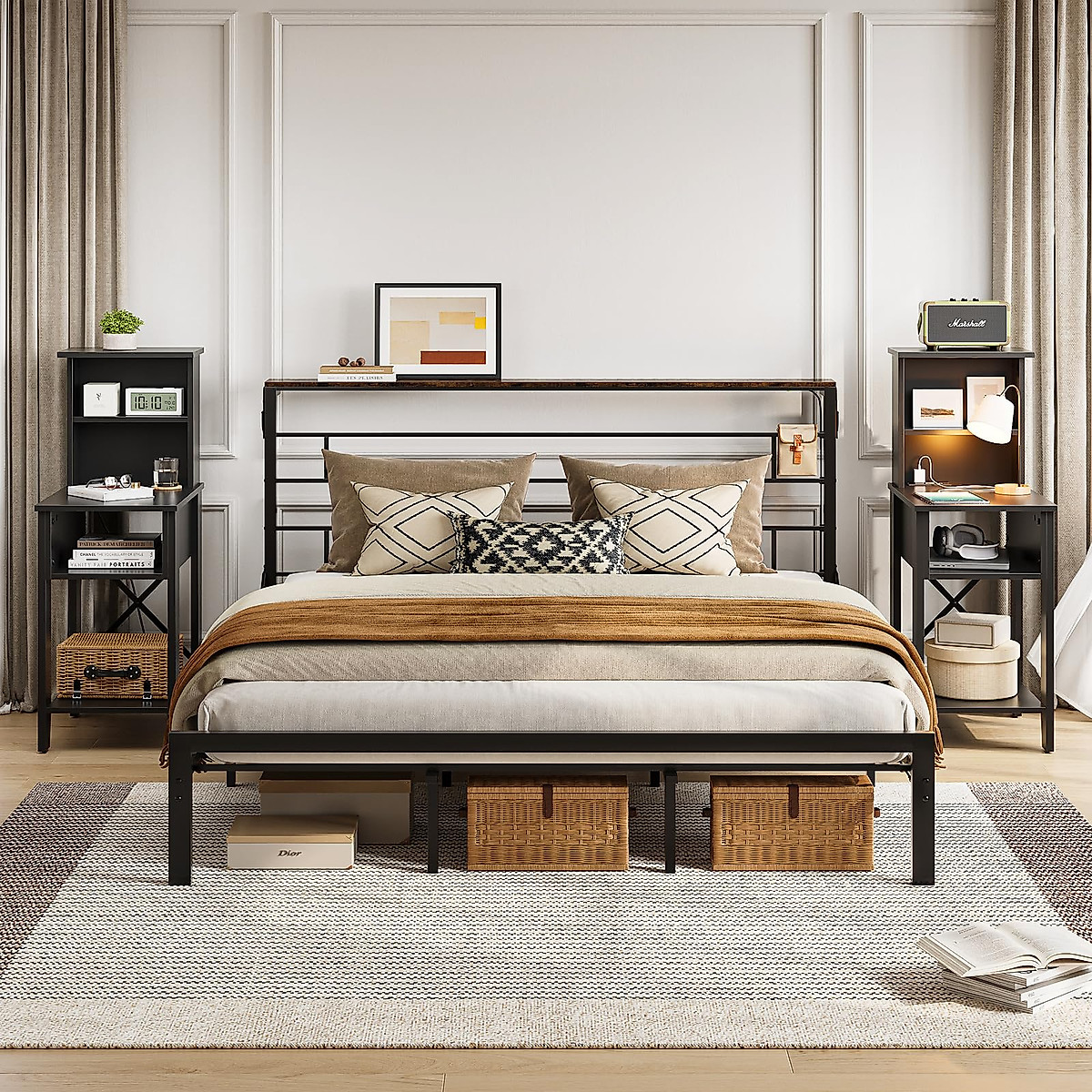 Bestier Tall Bedroom End Tables Set of 2 Two Nightstands Set of 2 Two Nightstands Bedside Tables with USB Tall Nightstand with Charging Station Tall Narrow Nightstand with Cabinet Side Table Black