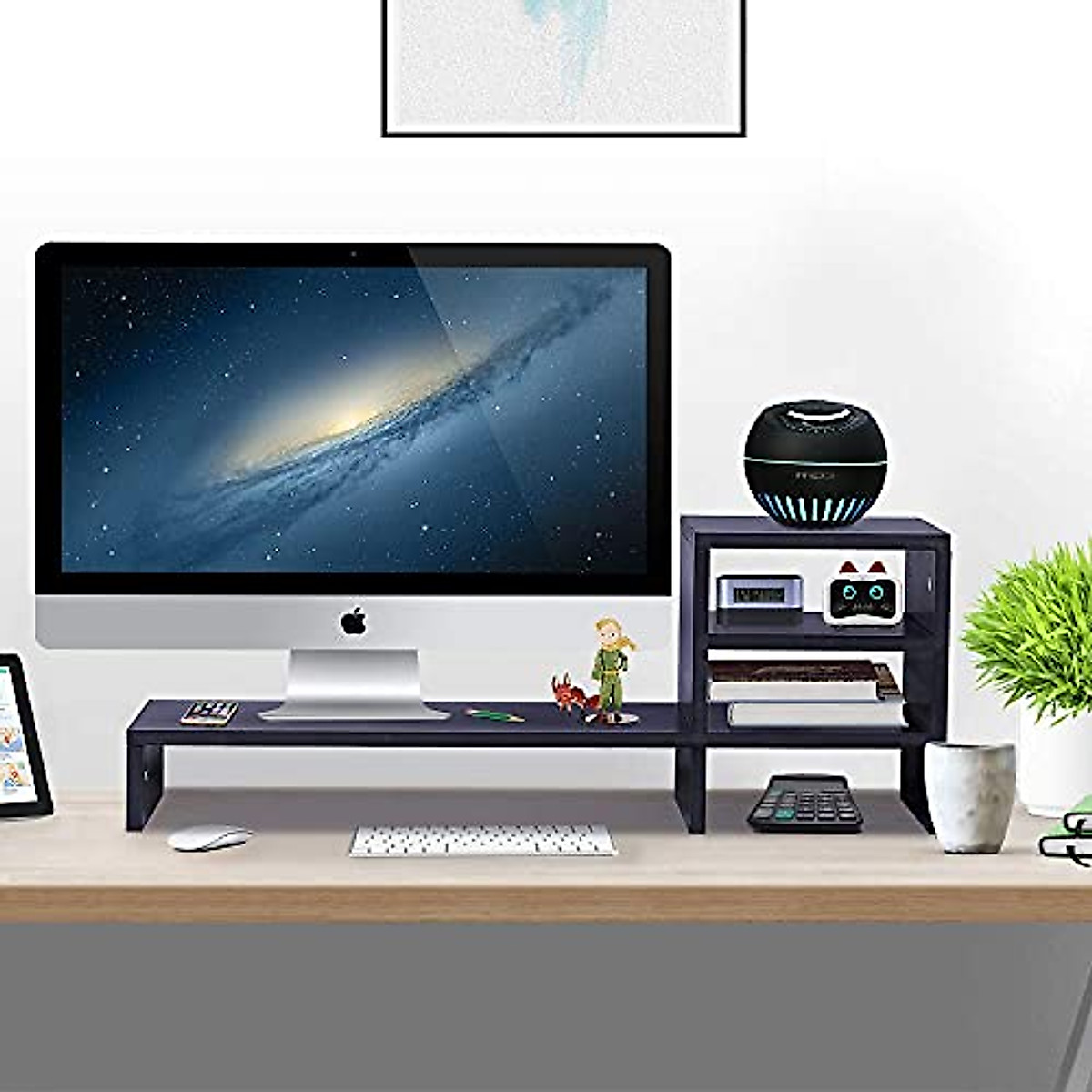 Ufine Wood Monitor Stand Riser with 3-Tier Storage Shelf 31.5 inch Desktop Organizer Computer Laptop PC Printer Telephone Stand for Office Dorm Home, Space Saving Black
