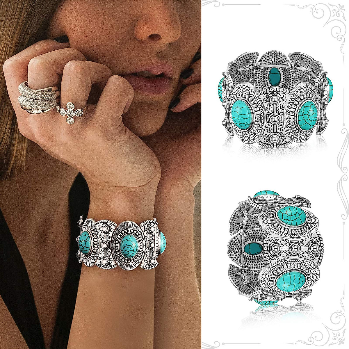 3 Pieces Bohemian Turquoise Jewelry Set Women Western Jewelry Set Turquoise Pendant Necklace, Vintage Turquoise Dangle Earrings, Stretchable Turquoise Bracelet for Women Statement Boho Jewelry Set