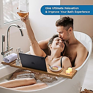 Aquaterior Bamboo Bathtub Caddy Tray Phone Slot Soap Holder Organizer Bath Table