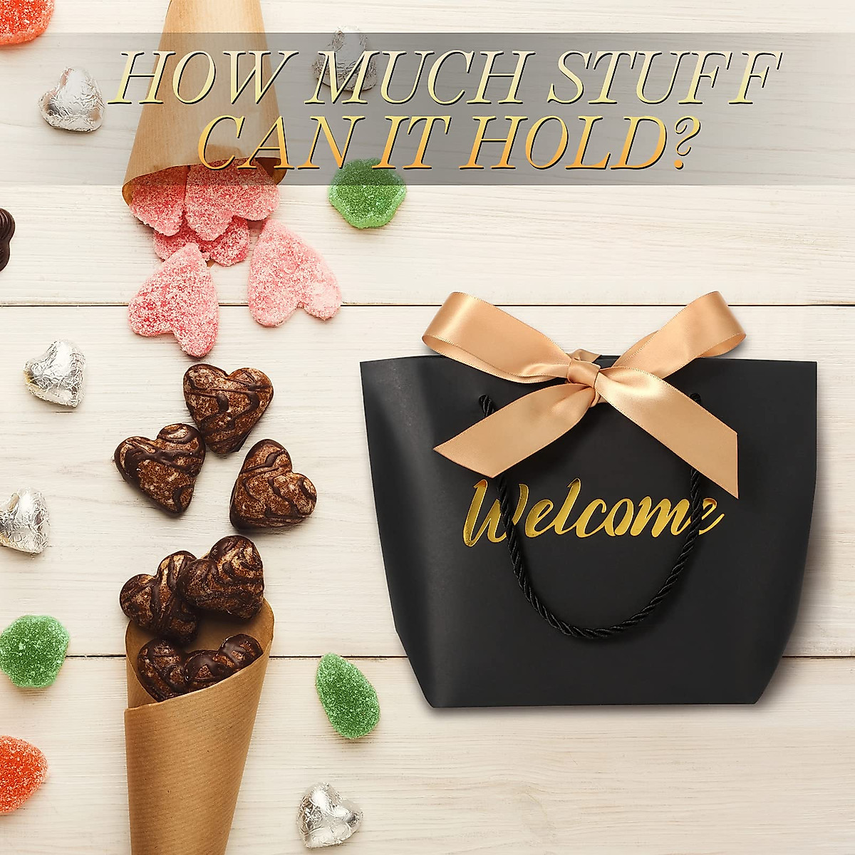 30 Pieces Welcome Bags Wedding Gift Bags Hotel Guest Wedding Treat Candy Boxes with Bow Ribbon Handle Party Favors Bags for Birthday Baby Shower Business Celebration Present (Black)