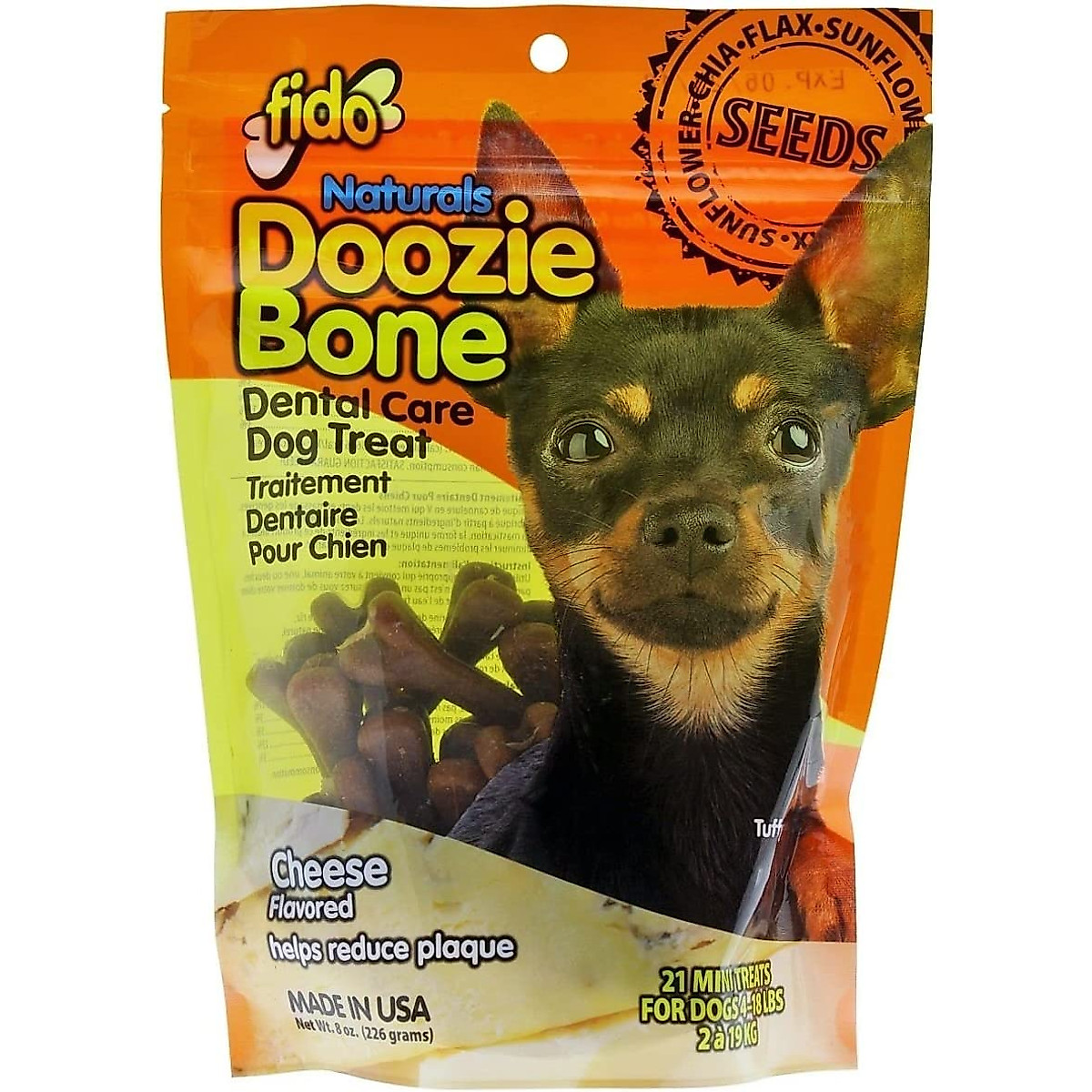 Fido Naturals Doozie Bones Dental Care Treat for Dogs, Cheese Flavored, Made with Sunflower, Chia, & Flax Seeds-Naturally Freshens Breath, Reduces Plaque & Whitens Teeth 21ct - Mini Treats (Pack of 1)