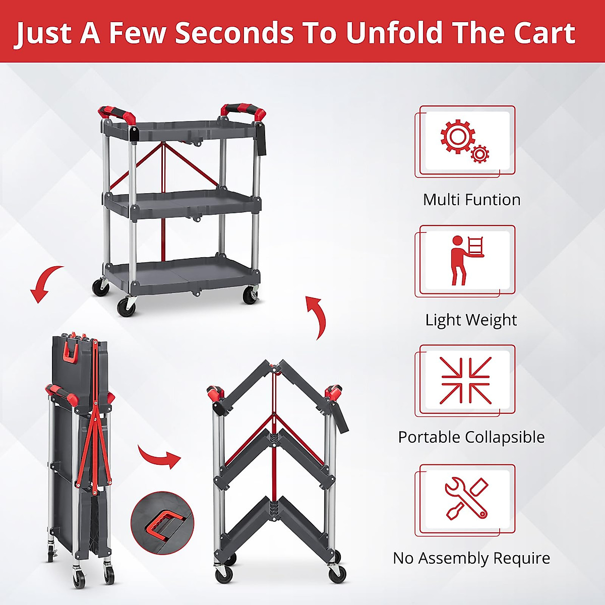 Towallmark Portable Folding Service Cart, 3 Tier Folding Utility Cart, Collapsible Utility Carts for Office, Warehouse, and Home, 56 Lbs Load Capacity per Shelf (Grey & Red)