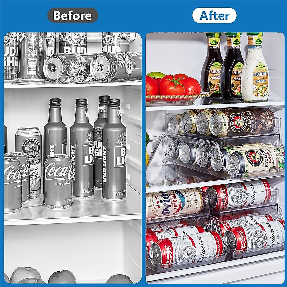 ROWNYEON Rolling Refrigerator Organizer Bins， Pop Soda Can Dispenser with Lid for Fridge, Pantry, Freezer， Beverage Holder，Canned Food Organizer – holds up to 11 tall and slim skinny cans