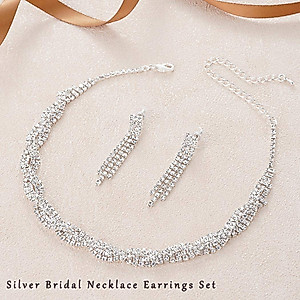 Unicra Bride Silver Necklace Earrings Set Crystal Bridal Wedding Jewelry Rhinestone Bridesmaid Party Choker Drop Dangle for Women and Brides