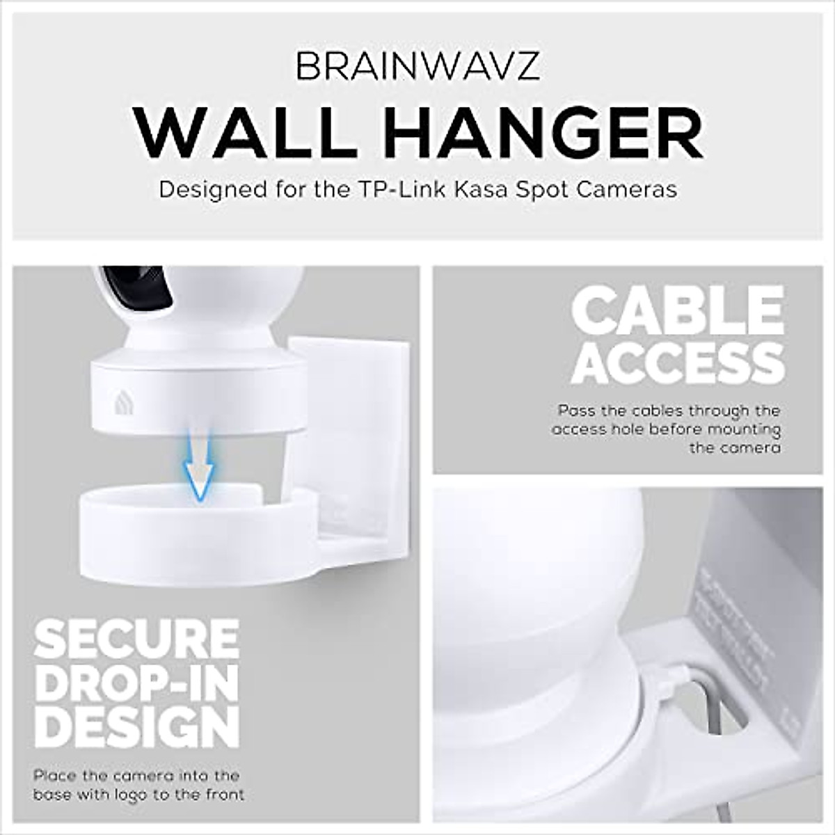 Wall Mount for Kasa EC70 Spot, Adhesive Holder for TP Link Spot Smart Security Camera, Installs in Minutes, No Mess Hanger Bracket by Brainwavz (White)