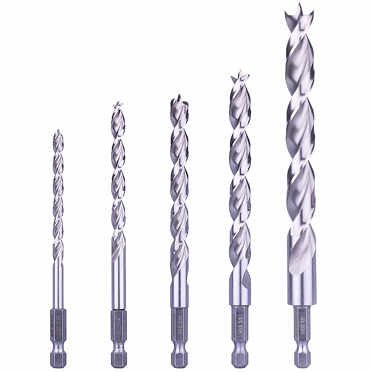 NordWolf 5-Piece HSS Brad Point Wood Drill Bit Set with 1/4" Hex Shank for Carpenter Woodworking, SAE Sizes 3/16"-1/4"-5/16"-3/8"-1/2"