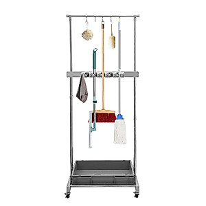 CheriMuMu Broom mop Holder, Mobile Cleaning Tools Storage Cart, Cleaning Supplies Organizer Janitor Carts, Stainless Steel Floor-Standing Mop Rack with Wheels for Garden Garage Schools (5 Slots)