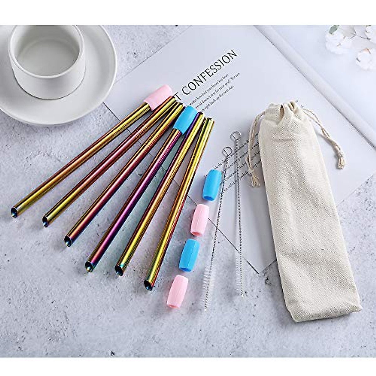 6 Pcs Reusable Boba Straws Smoothie Straws, 0.5" Wide Stainless Steel Straws, Angled Tips Metal Straws for Bubble Tea, Milkshakes, Smoothies with Cleanning Brush & Case (Rainbow)