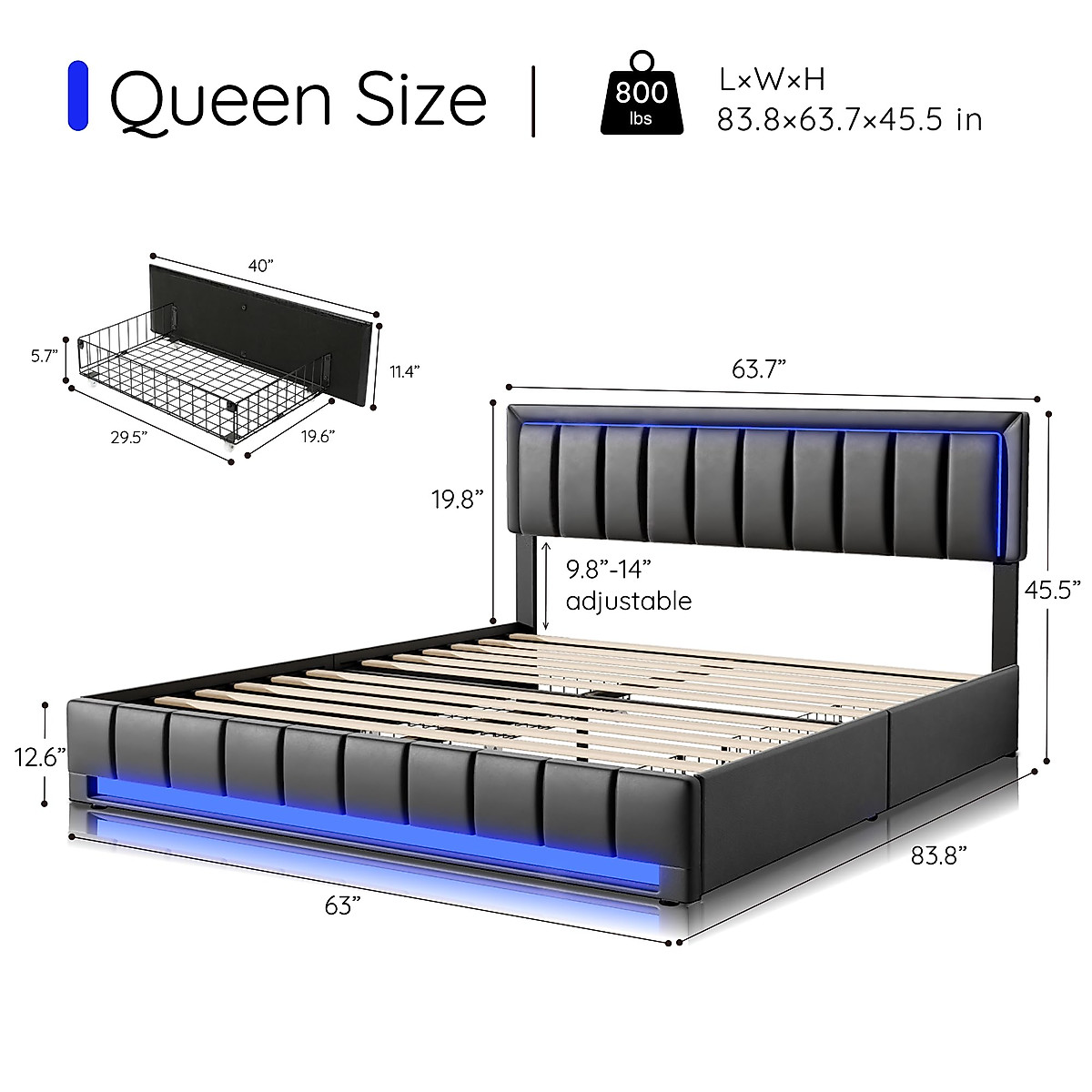 NEDYO Queen Size Bed Frame with Headboard, Platform Bed Frame with LED Lights&4 Storage Drawers, Faux Leather Upholstered Headboard, Wooden Slats Support, NO Box Spring Needed. Metal Black