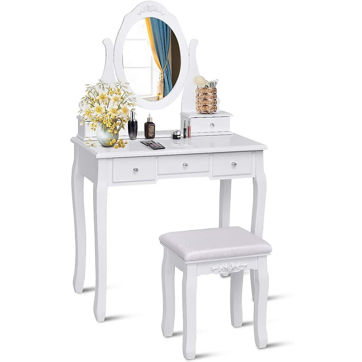Vanity Table Set, Wooden Dressing Table with Oval 360° Rotating Mirror, 5 Storage Drawers, Painted Finish, Vanity Makeup Table with Padded Stool Seat, Detachable Table Top, Easy to Assemble (White)
