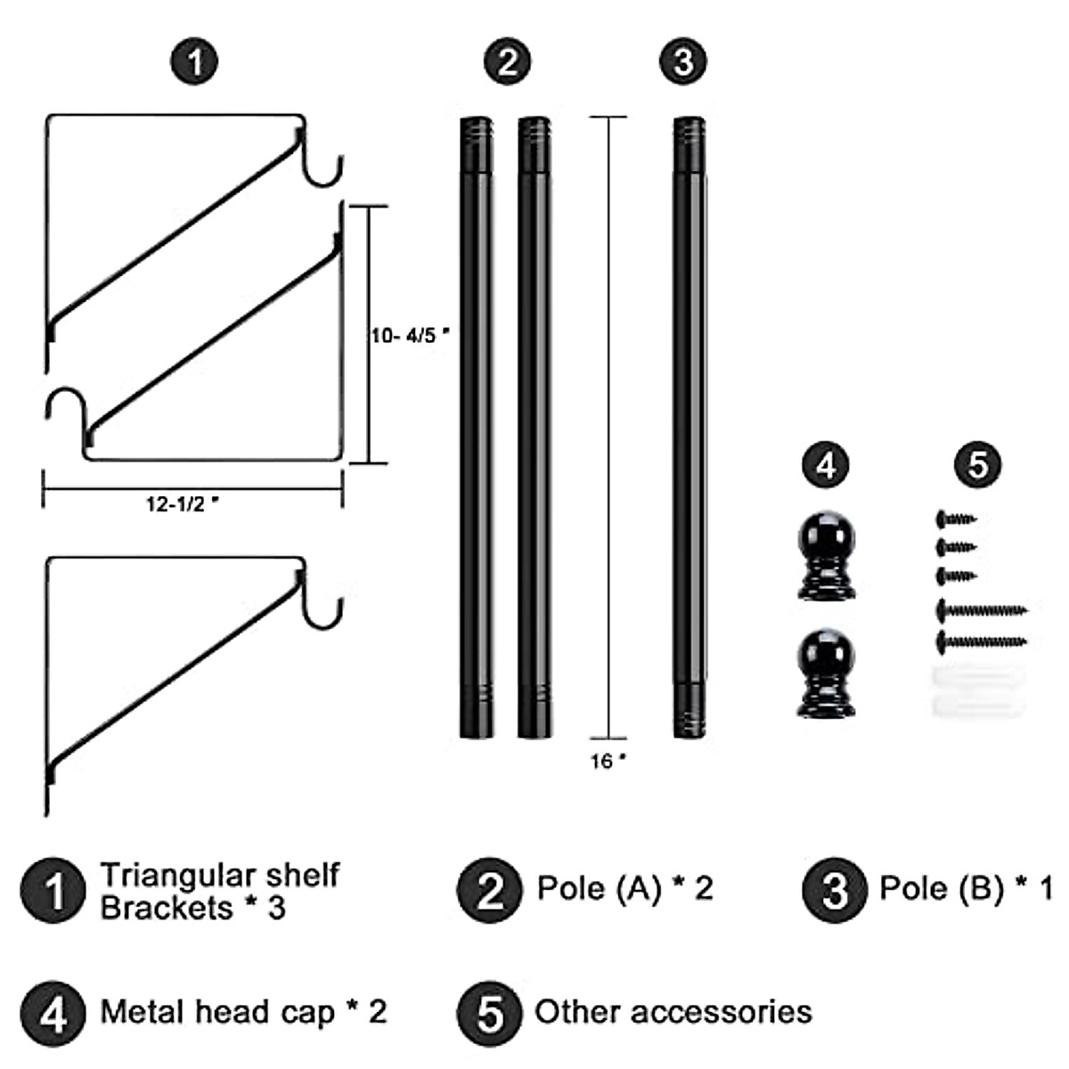 Closet Rod Brackets Heavy Duty with 46” Rod, Closet Shelf Brackets with Rod Holder, Closet Brackets for Both Shelf Storage and Closet Rod, Black Closet Shelf Support Pole Holder, 3 Pack