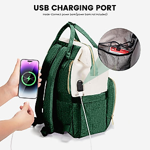 LOVEVOOK Laptop Backpack Purse for Women, Fashion Work Travel Bags, Business Computer Backpacks, Doctor Nurse Backpack with USB Port, fits 15.6-Inch Laptop, Beige-Dark Green