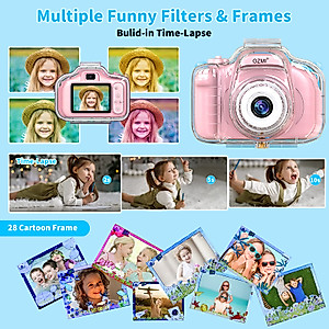 OZMI Kids Waterproof Selfie Camera for Girls, Christmas Birthday Gift for Girls 3 4 5 6 7 8 9 Years Old, Toddler Underwater Sports Camera HD Children Digital Camera 2 Inch Screen with 32GB Card, Pink