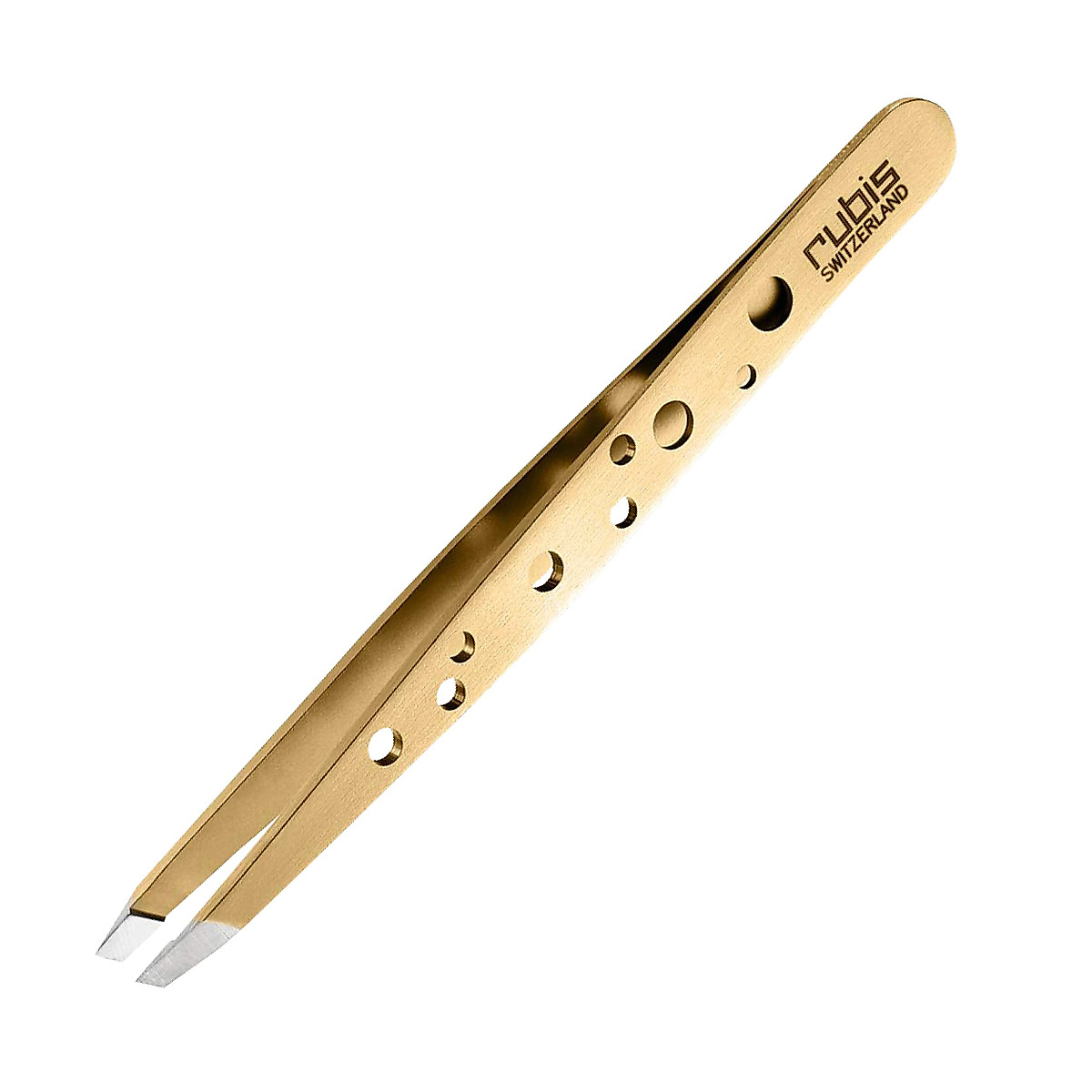 Rubis Hole Pattern Classic Stainless Steel Slanted Tweezers For Precise Eyebrows and Hair Removal, 1K111REDGOLD, Red Gold, The Elegance Collection,Rubis Switzerland Swiss Made World Renowned Precision
