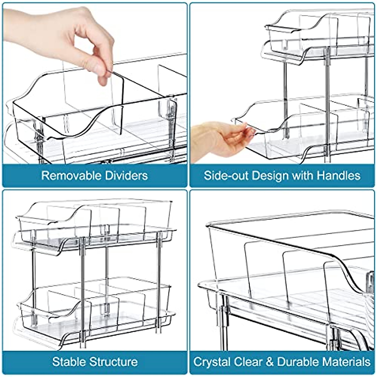 Bathroom Storage Organizer with Dividers, 2 Tier Multi-Purpose Kitchen Under Sink Organizers and Storage Slide-Out, Closet Organization, Kitchen Pantry Cabinet Medicine Bins