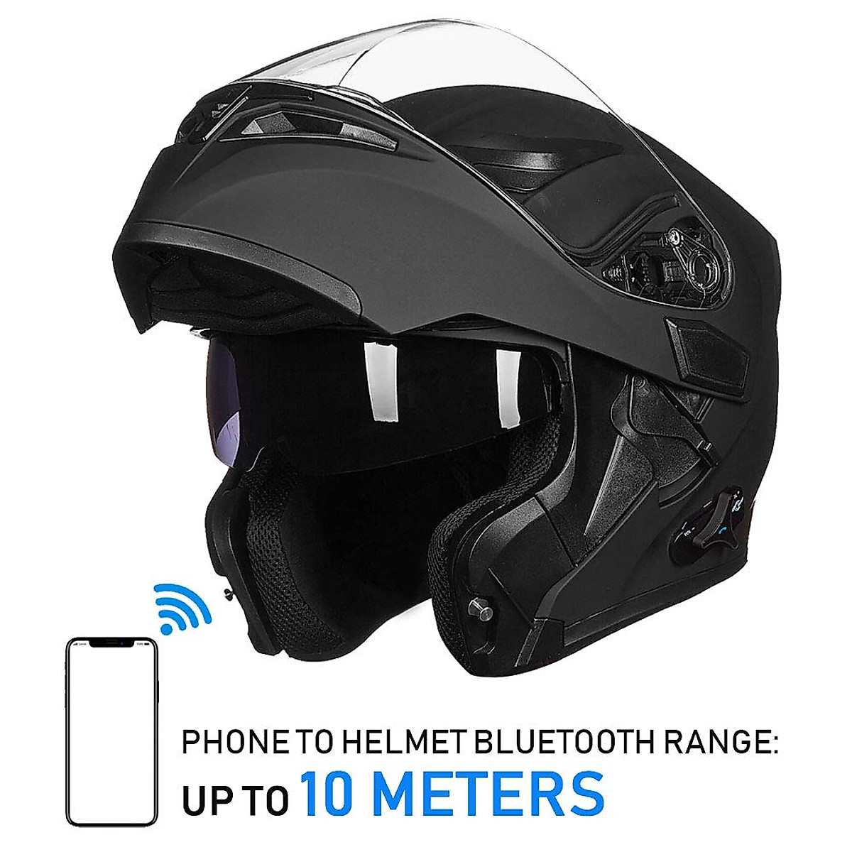 ILM Bluetooth Motorcycle Helmet Modular Flip up Full Face Dual Visor Mp3 Intercom FM Radio DOT Model 902BT(Matte Black, Large)