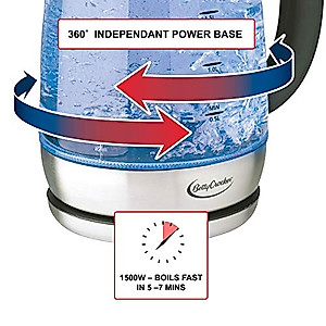 Betty Crocker Electric Tea Kettle, Glass with Temperature Control, Stainless Steel Body and LED Display, 1.7 Liters