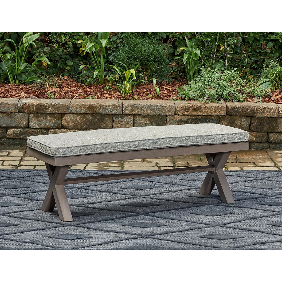 Signature Design by Ashley Hillside Barn Casual 54" Outdoor Dining Bench with Cushion, Light Brown & Light Gray