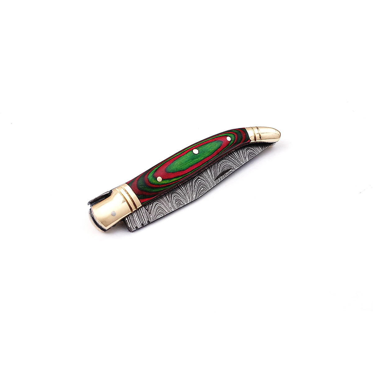 Damascus steel folding knife with leather sheath, 8.5 inches long laguiole pocket knife with 4 inches long Damascus steel Blade, 4.5 inches multi color wood scale with Brass bolster and pommel, Leather sheath included (Red Green)