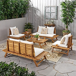 Christopher Knight Home Sedona Outdoor Acacia Wood 6 Seater Chair Loveseat Cushions Chat Patio Furniture Conversation Sets with Coffee Table, 37 "W x 28.25 "D x 29.5 "H, Teak + White