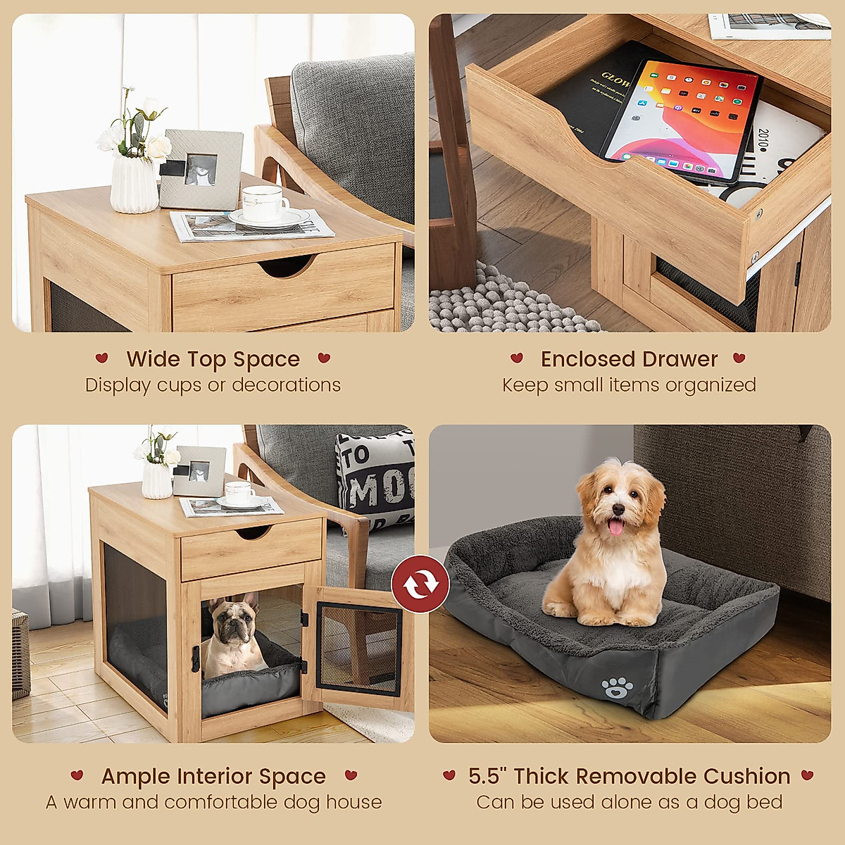 Giantex Dog Crate Furniture, Wooden Dog Kennel End Table with Removable Cushion, Storage Drawer, Latched Door, Wireless and Wired Charging, Furniture-Style Crate Side Table (Wood Color)
