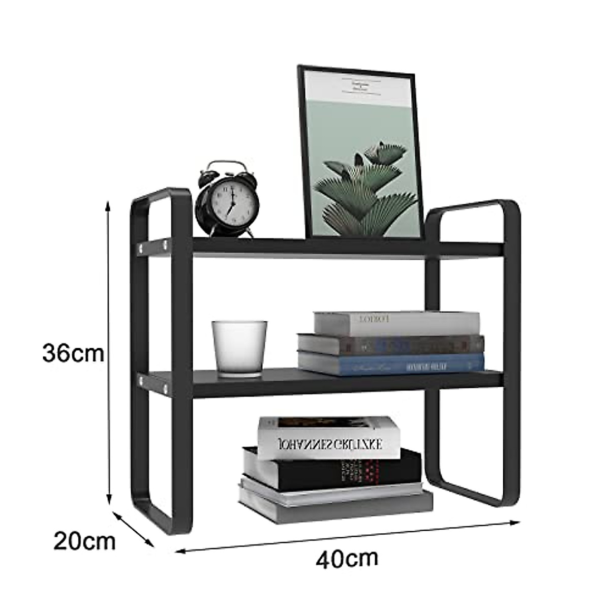 Modern 2 Tier Metal and Wood Storage Shelf - Multi-Purpose Bookshelf and Organizer for Home and Office - Easy Assembly, Stylish and Space-Saving Design in Black