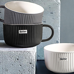 Artena 38 Ounce Soup Bowl with Handles, 6 inch Jumbo Soup Mug with Handles, Wide Large Cereal Bowl for Oatmeal, Gumbo, Salad, Oversized Black Glazed Ceramic Soup Cup, Microwave & Oven Safe