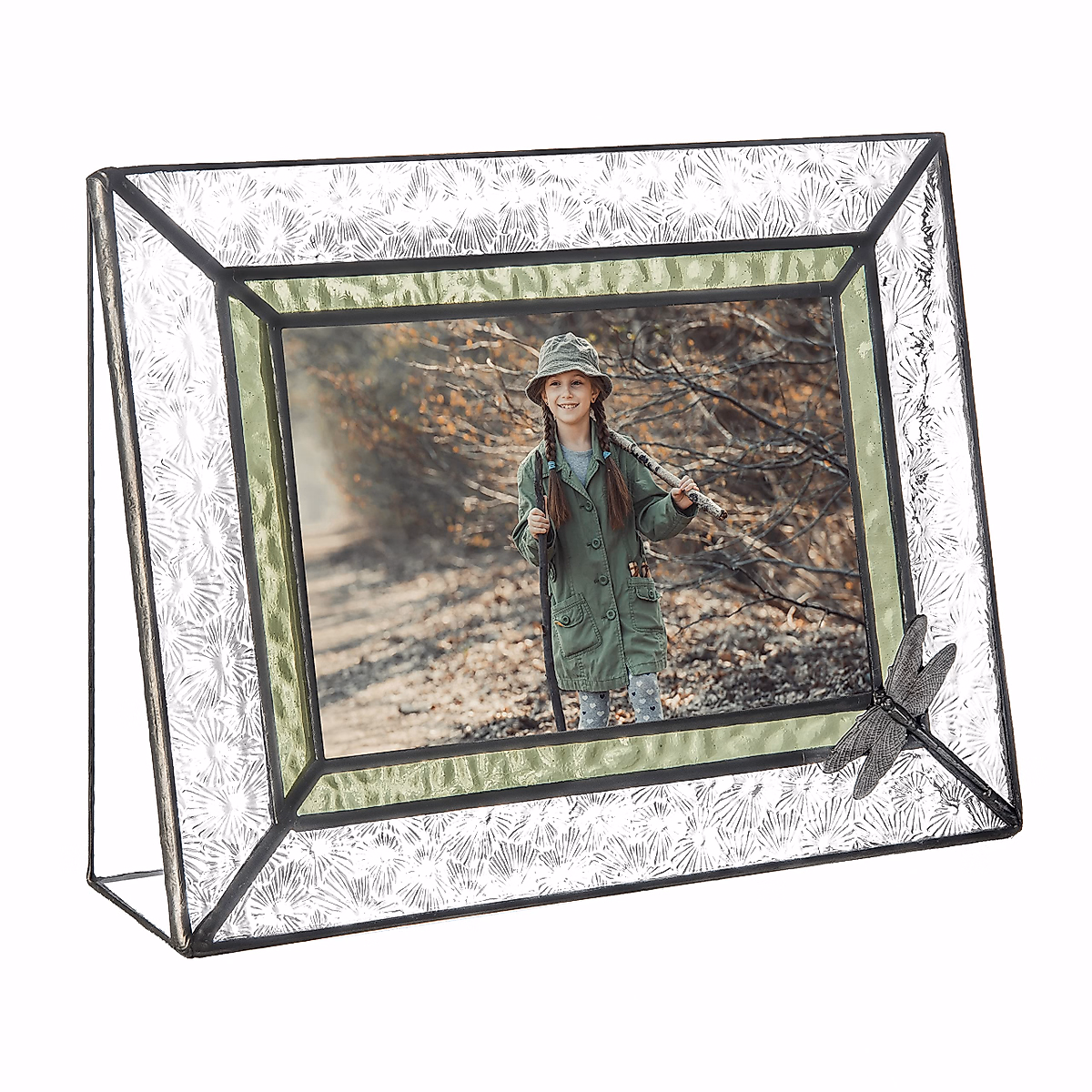 J Devlin Pic 107-46H Dragonfly Picture Frame Tabletop 4x6 Horizontal Photo Frame Sage Green Stained Glass