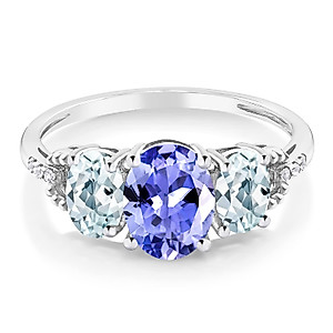 Gem Stone King 10K White Gold Blue Tanzanite Sky Blue Aquamarine & Diamond Accent 3-Stone Engagement Ring | 2.07 Cttw | 3 Stone Wedding Engagement Anniversary Promise Ring For Women (Size 5)