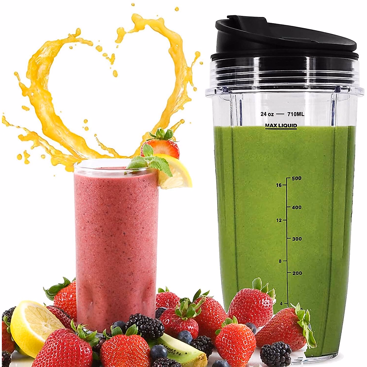 Weierken 24oz Cups Compatible with Nutri Ninja Auto IQ Series Blender, Pro Replacement Parts with 2 Type Lids, 7 Fins Extractor Blade, Compatible for BL450-30, BL456-30, BL481-30,BL487, NN100 etc