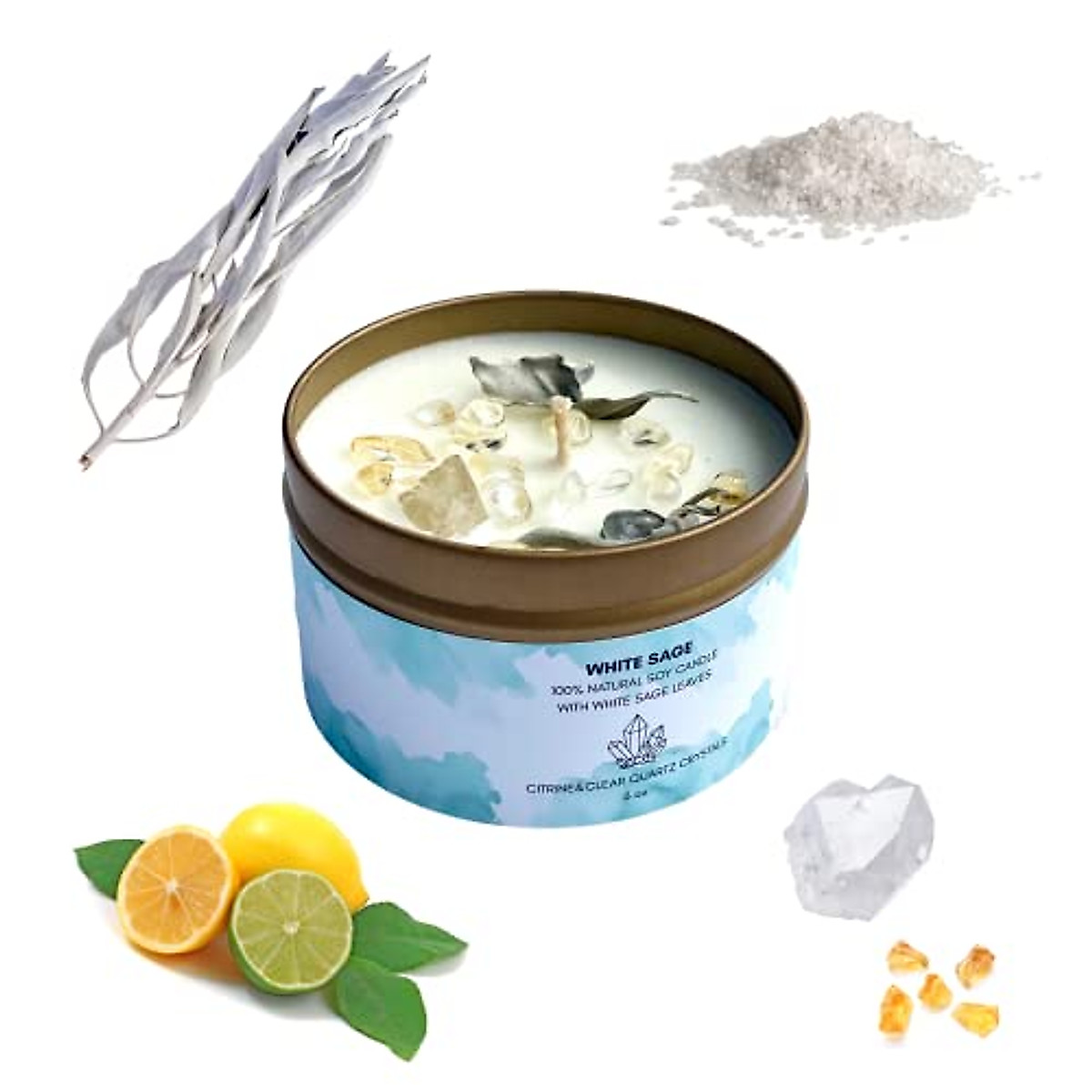 White Sage Smudge Candle with Citrine & Quartz Gemstone Crystals 100% Natural Soy Essential Oils (Sage)
