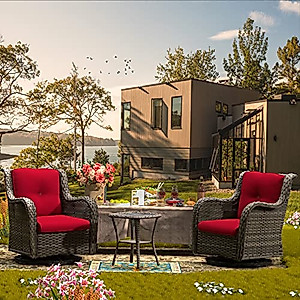 Joyside Outdoor Swivel Rocker Patio Chairs Set of 2 and Matching Side Table - 3 Piece Wicker Patio Bistro Set with Premium Fabric Cushions(Brown/Red)