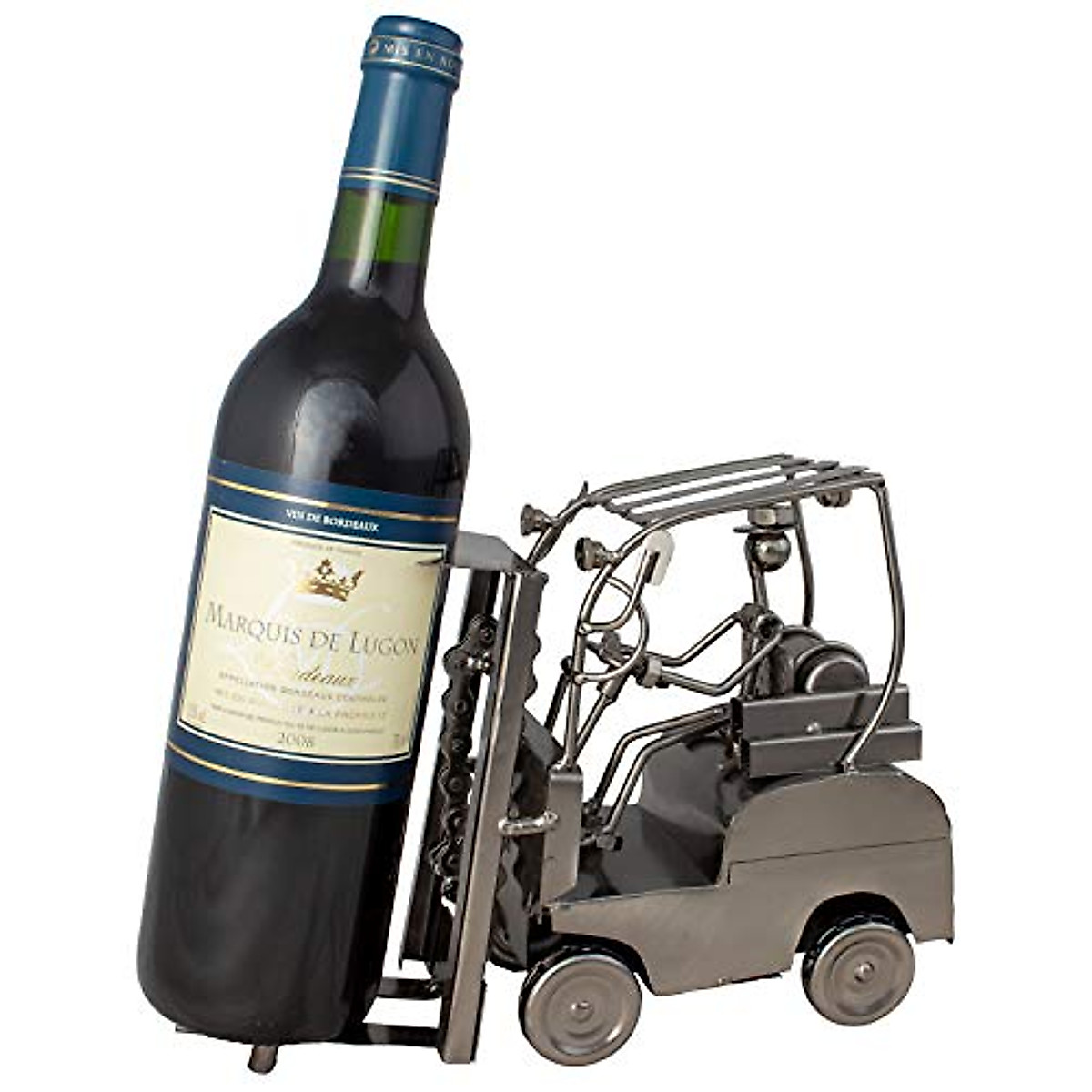 BRUBAKER Wine Bottle Holder 'Forklift' - Table Top Metal Sculpture - with Greeting Card