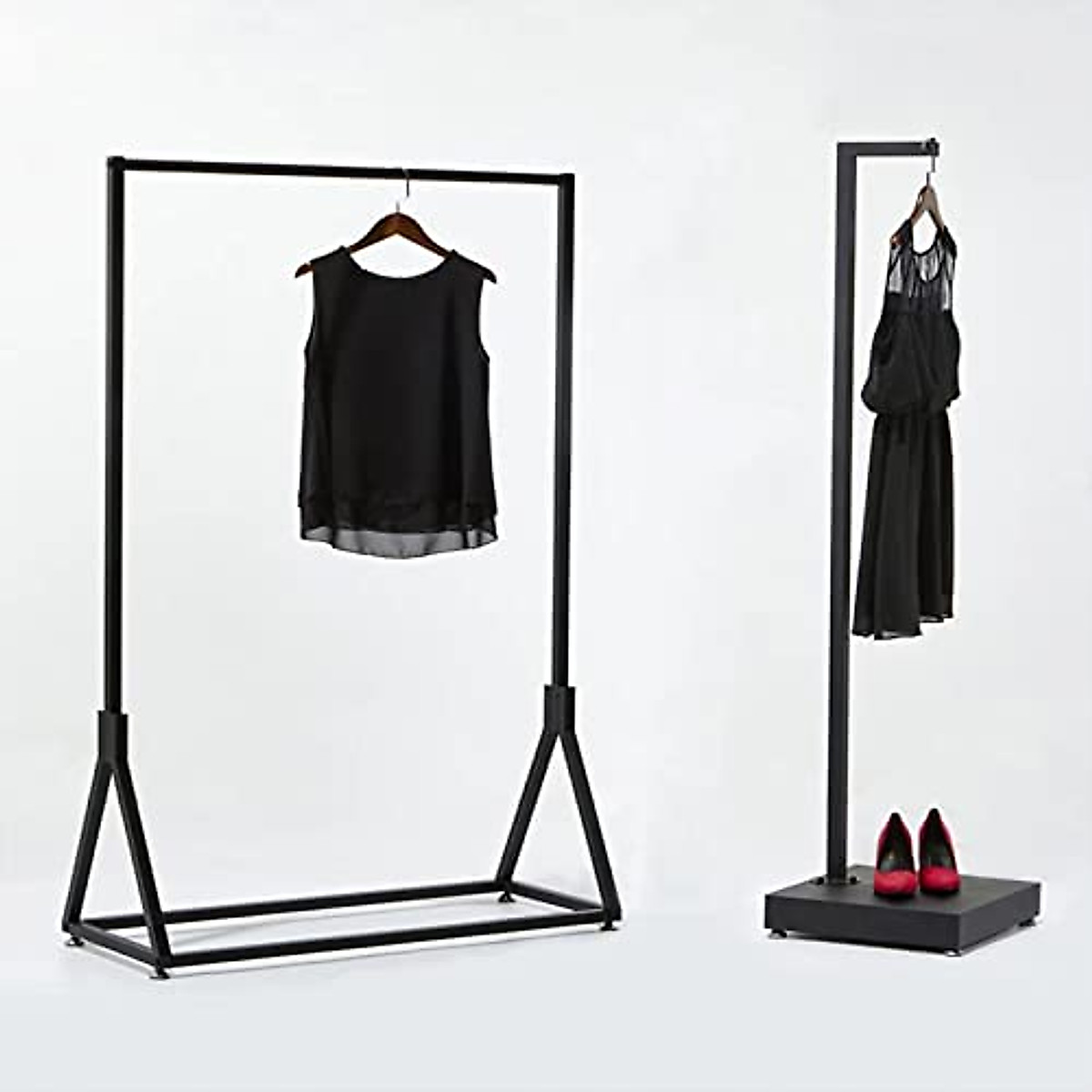 FURVOKIA Modern Simple Heavy Duty Metal Rolling Garment Rack with Wheel,Retail Display Clothing Rack, Single Rod Floor-Standing Hangers Clothes Shelves (Black Square Tube A, 47.2 L)