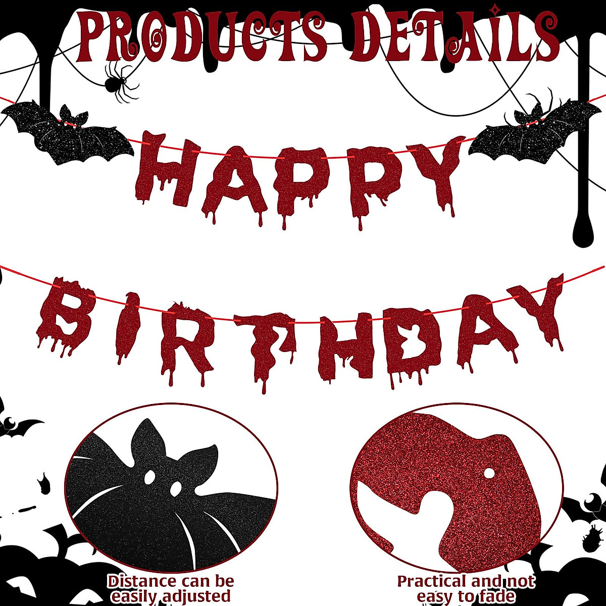 Red Glittery Happy Birthday Halloween Banner, Simple Suspension Halloween Birthday Party Supplies Horror Themed Birthday Decorations, Bat Vampire Halloween Party Scary Horror Party Decorations