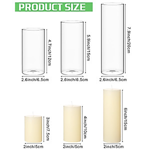 Shihanee Set of 3 Ivory White Pillar Candles and 3 Glass Cylinder Candle Holders for Slim Candles Wedding Halloween Thanksgiving Day Christmas Centerpieces, 2.6'' x 4.7'', 5.9'', 7.9''