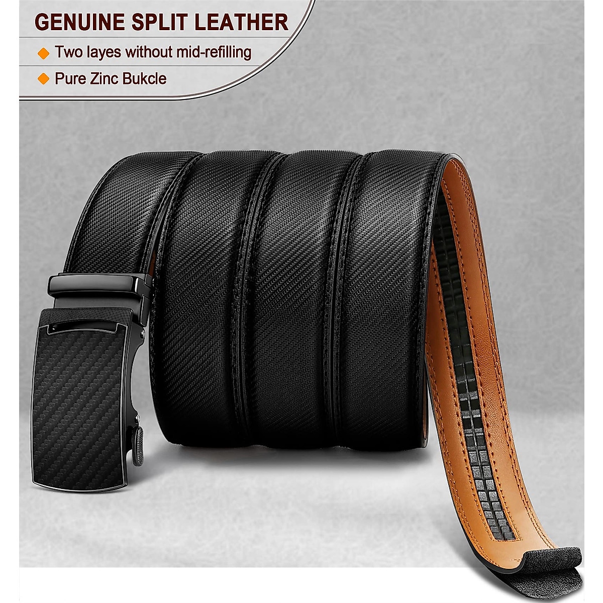 KEMISANT Belt Men, Sliding Ratchet Belt Genuine Leather For Gift Mens Dress Pants Oxfords,Size Adjustable(Black,34"-40" Waist Adjustable)