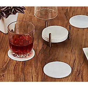 Queenza Marble Coasters for Drinks, Set of 6 Coasters with Holder, Pearl White Marble Coasters 3.5 Inch Wide 5 mm Thick Gold Coasters For Drinks, Both Side Polish For Scratch Free Surface Coaster Set