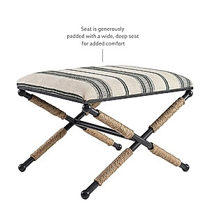 Linon Farrow Black Metal and Natural and Black Stripe Upholstered Campaign Ottoman