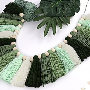 Christmas Tassel Garland with Wood Bead Jungle Leaves Garland Banner for Classroom Party Nursery Kids Bedroom Room Wall Birthday Baby Shower Wedding Decor (E)