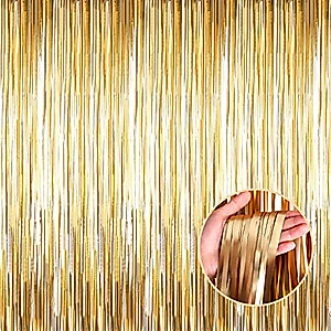 HalloweenDecorate 4 Pack Champagne Gold Foil Fringe Curtain Backdrop, 3.28Ft x 8.2Ft Metallic Tinsel Streamer Curtains for Party, Photo Booth Props, Birthday, Graduation Decoration Party Supplies