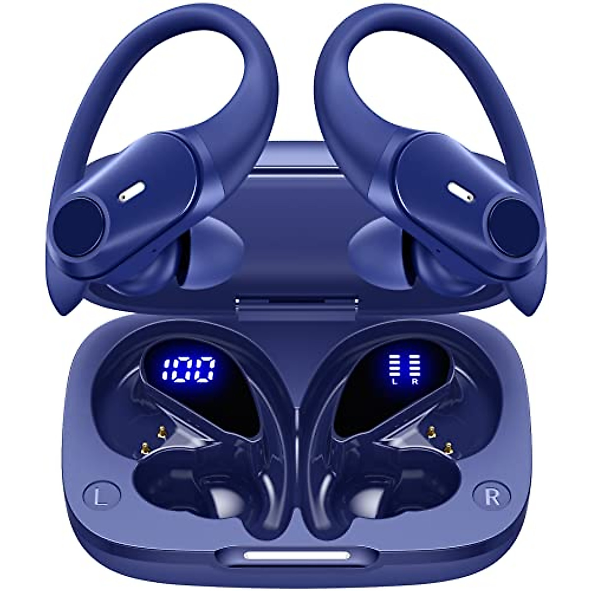 GOLREX Bluetooth Headphones Wireless Earbuds 36Hrs Playtime Wireless Charging Case Digital LED Display Over-Ear Earphones with Earhook Waterproof Headset with Mic for Sport Running Workout Blue