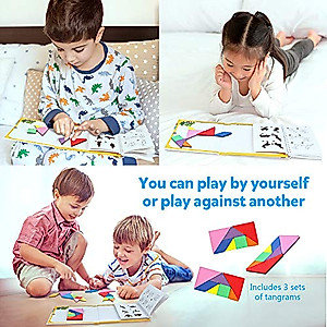 Vanmor Travel Tangram Puzzle - 3 Sets of Magnetic Tangram with 240 Solution - Montessori Shape Pattern Blocks Jigsaw Road Trip Games IQ Book Educational Toy Brain Teaser Gift for Kids Adults Challenge