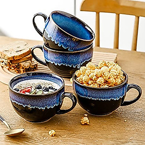 KOOV Ceramic Soup Mug, Soup Bowls with Handles Microwave Safe, 24 Ounce Jumbo Mug and Cereal Mugs Set of 4, Reactive Glaze (Nebula Blue)