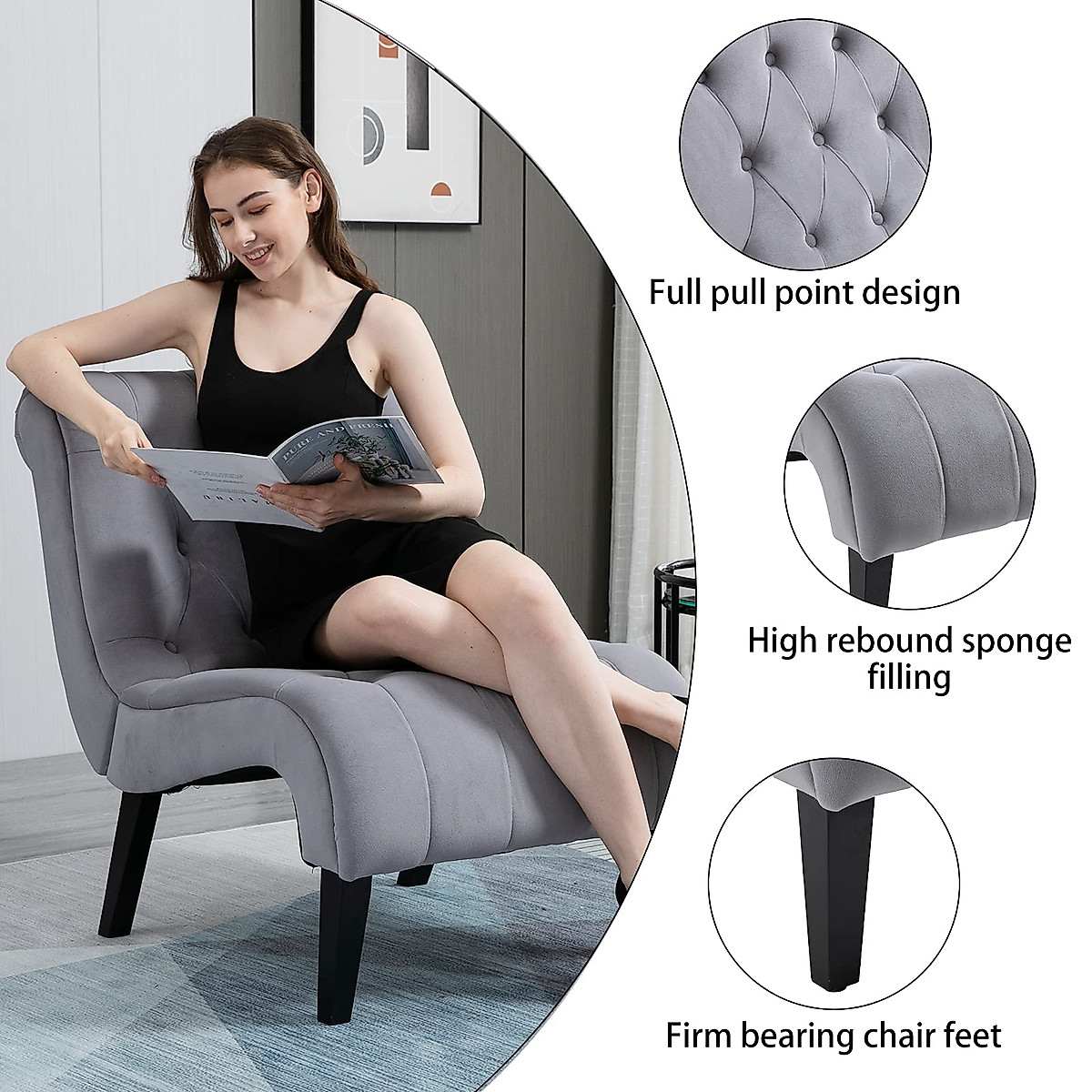 AVAWING Armless Accent Chair Set of 2, Upholstered Button Tufted Living Room Chairs with Wood Legs, Comfy Frosted Velvet Lounge Chair Reading Chair for Bedroom, Grey