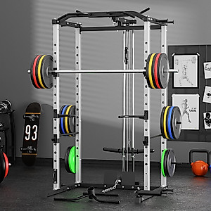 VANSWE Power Cage with LAT Pulldown Attachment, 1200-Pound Capacity Power Rack Full Home Gym Equipment with Multi-Grip Pull-up Bar, Landmine, T bar and Dip Handle