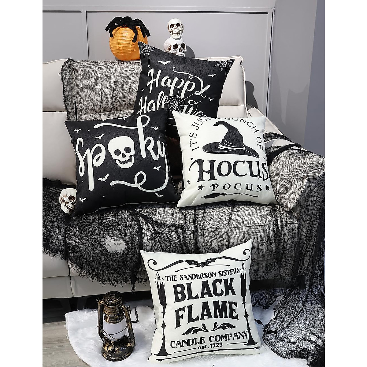 Halloween Decorations Pillow Covers Double-Side Printing 18x18 Set of 4 Halloween Decor Indoor Outdoor Hocus Pocus Farmhouse Saying Halloween Decorative Cushion Cases Spider Web Cat Skull Home Decor