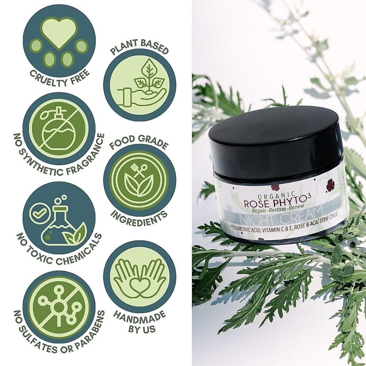 Peak Scents Organic Rose Phyto³ Night Cream with Hyaluronic Acid - Anti-Aging Face Moisturizer for Women - Wrinkle Cream with Rose Water, Vitamin C & E, and Acaí Stem Cells (2 fl. Oz)